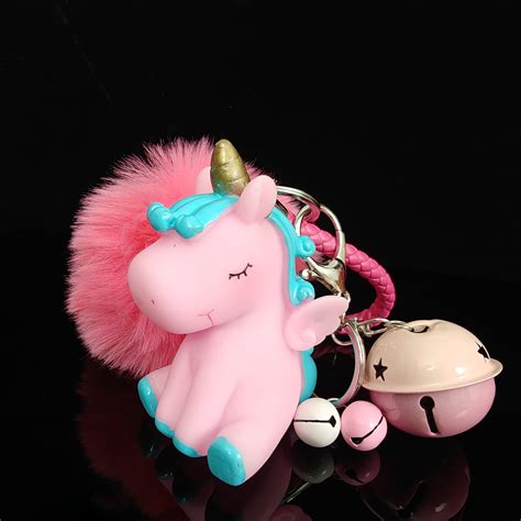 ใหม่น่ารักยูนิคอร์นตุ๊กตาพวงกุญแจ Creative Rex กระต่าย Fur Ball Bell