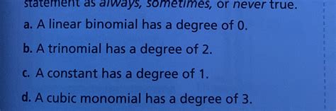 Solved Statement As Always Sometimes Or Never True A A Linear
