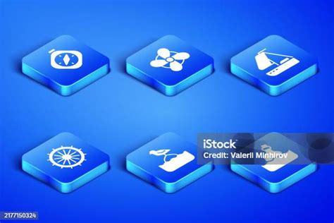 물 나침반 갈매기 부표 선박 스티어링 휠 보트 프로펠러 및 요트 범선 아이콘에 앉아있는 메시지와 병 세트 벡터 3차원 형태에 대한 스톡 벡터 아트 및 기타 이미지 Istock