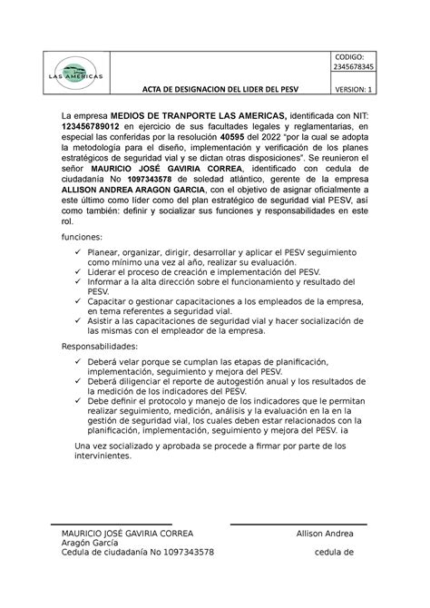 PASO 1 2 3 PESV 12334 Tareas ACTA DE DESIGNACION DEL LIDER DEL PESV