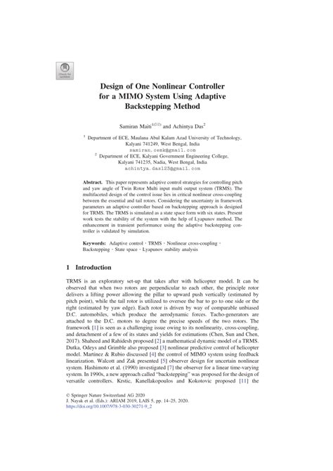 Pdf Design Of One Nonlinear Controller For A Mimo System Using