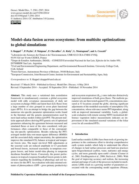 Pdf Model Data Fusion Across Ecosystems From Multisite Optimizations To Global Simulations