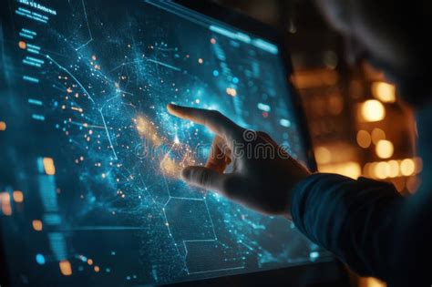 A Hand Interacts With A High Tech Touchscreen Displaying Intricate Data And Graphics In Vibrant