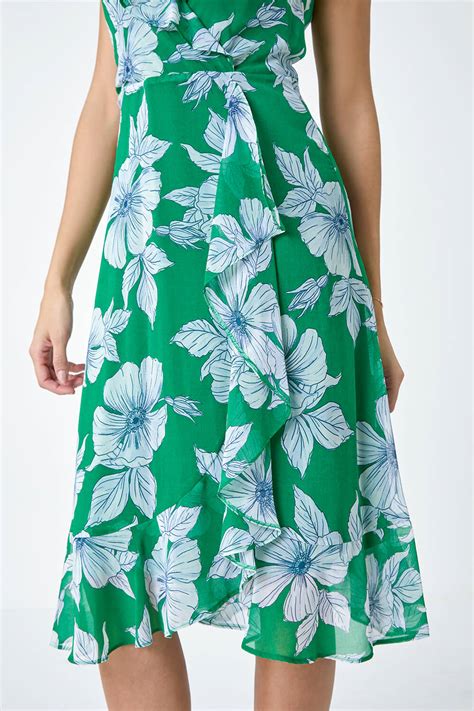 Floral Print Frill Midi Dress In Green Roman Originals Uk