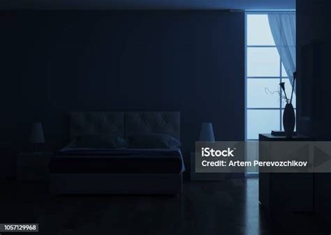 침실 인테리어 디자인입니다 야간 조명입니다 3d 렌더링입니다 0명에 대한 스톡 사진 및 기타 이미지 0명 3차원 형태