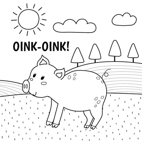 Oink가 흑백으로 인쇄된다고 말하는 돼지 녹색 목초지에 귀여운 농장 캐릭터가 있는 색칠 페이지 프리미엄 벡터