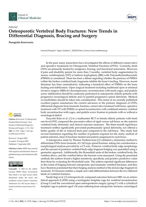Pdf Osteoporotic Vertebral Body Fractures New Trends In Differential