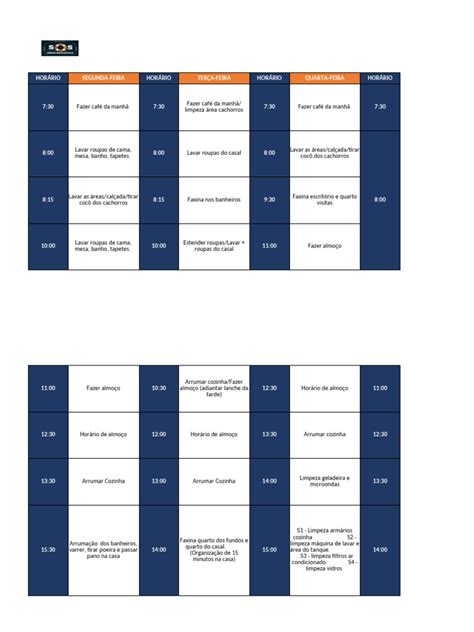 Cronograma Funcionária Seg Sex 8horas Dia Pdf Culináriar Casa