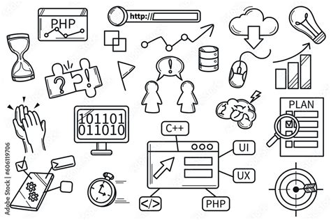 Hackathon Doodle Set Hand Drawn Icons Collection Of Programming