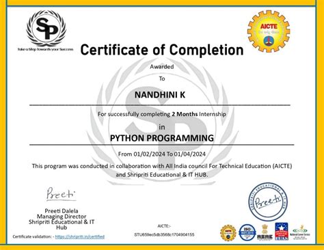 Pythonprogramming Internshipcompletion Certificateofcompletion Nandhini K