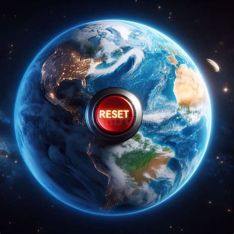 Image Of Planet Earth With A Large Red Button That Reads Reset Stock