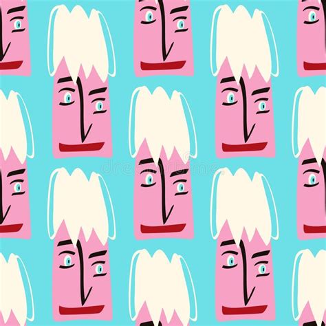 Pattern With Funky Freaky Cute Face In Modern Doodle Style Stock Vector