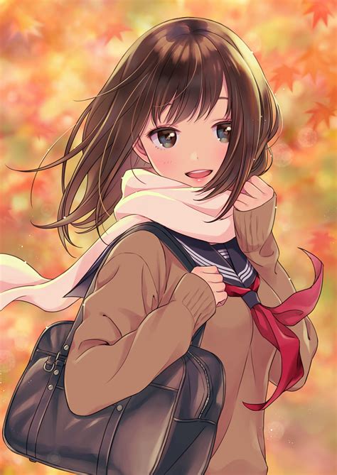 Safebooru 1girl Autumn Leaves Bag Black Eyes Brown Hair Long Hair