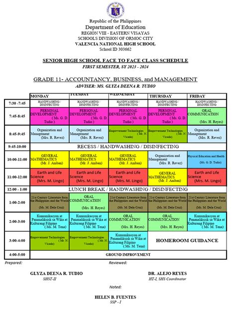 Vnhs Shs Class Schedule 1st Sem 2023 2024 Pdf