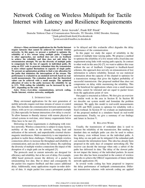 Pdf Network Coding On Wireless Multipath For Tactile Internet With