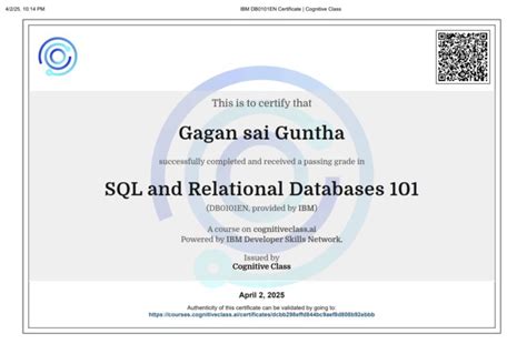 Sql Database Ibm Cognitiveclass Lifelonglearning Datascience Gagan Sai Guntha