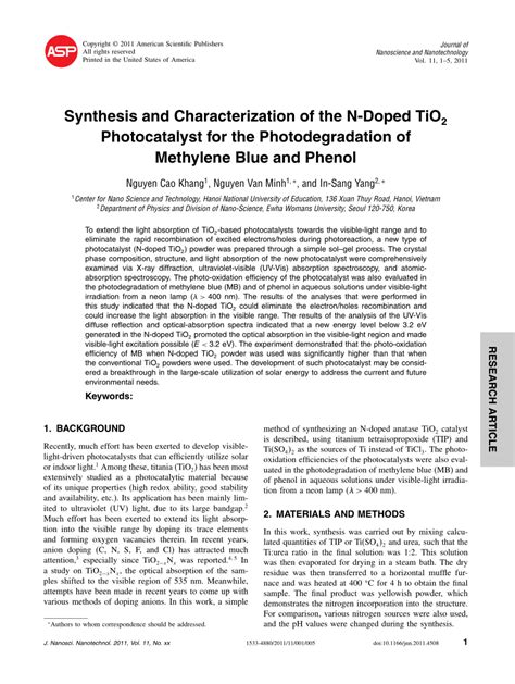 Pdf Synthesis And Characterization Of The N Doped Tio2 Photocatalyst For The Photodegradation