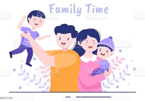 즐거운 부모와 아이들의 가족 시간은 포스터 또는 배경에 대한 만화 평면 일러스트에서 다양한 편안한 활동을하고 집에서 함께 시간을