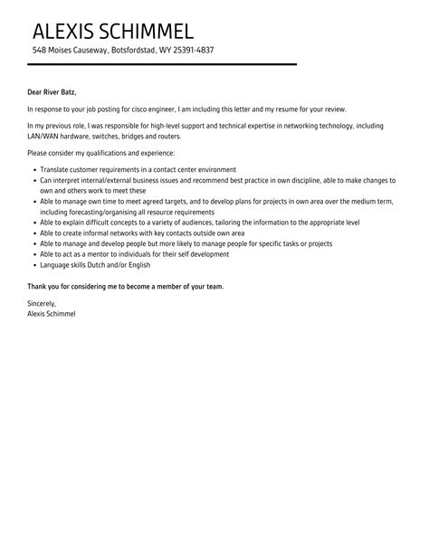Cisco Engineer Cover Letter Velvet Jobs
