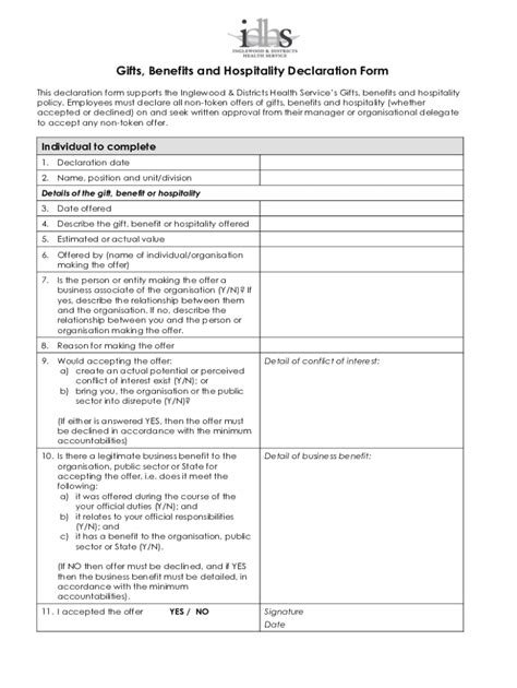 Fillable Online Sample Ts Benefits And Hospitality Declaration Form
