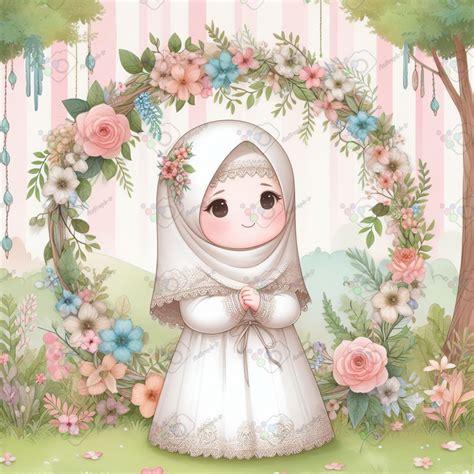 بک گراند کودکانه دختر ناز با حجاب با لباس سفید بلند در باغ گل کد 41050 ویژه عکس گراف عکس گراف