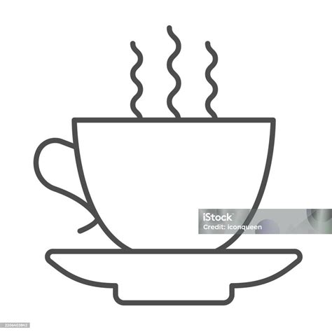 뜨거운 커피 한 잔 얇은 선 아이콘 열대 여행 개념 벡터 그래픽입니다 흰색 배경에 세라믹 접시 기호가 있는 커피 음료 컵 모바일 또는 웹 디자인을 위한 개요 스타일 아이콘