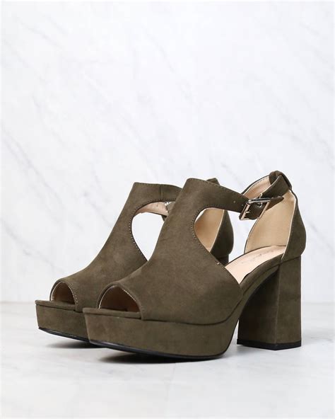 Vegan Suede Chunky Heeled Peep Toe Heels In Khaki Shop Hearts