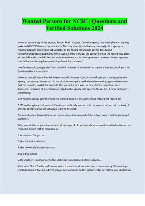 Wanted Persons For Ncic Questions And Verified Solutions 2024 Ncic Tcic Stuvia Us