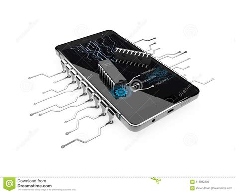 3d illustration of phone in the form of microchip with microchip on the