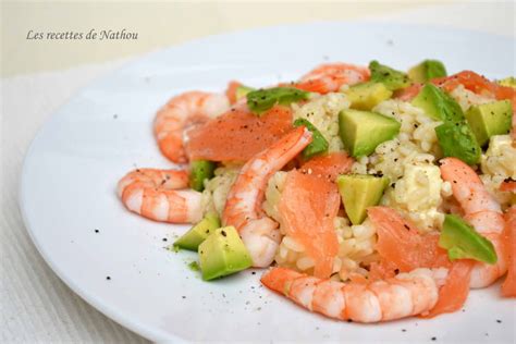 Risotto au saumon fumé crevettes et avocat feta et citron vert