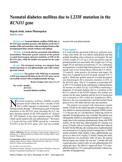Pdf Neonatal Diabetes Mellitus Due To L233f Mutation In The Kcnj11 Gene