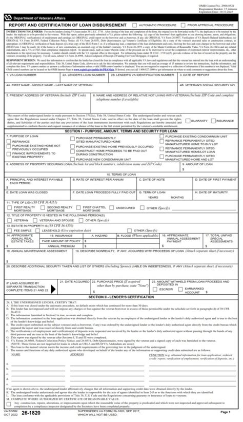 Va Form 26 1820 Report And Certification Of Loan Disbursement Va Forms