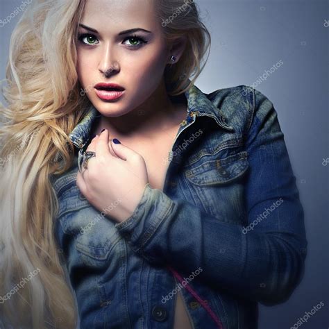 Beautiful Blond Woman In Jeans Denim Blue Jeans Wearbeauty Girl With