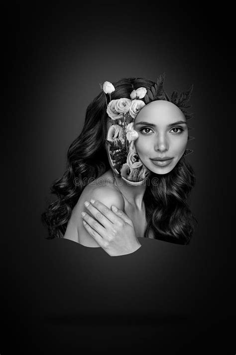 Creative Collage Of Mystical Lady Model Floral Princess Touch Herself