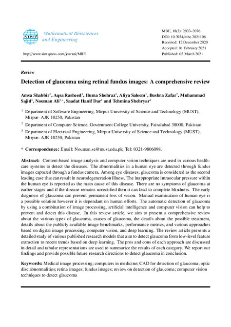 Pdf Detection Of Glaucoma Using Retinal Fundus Images A Comprehensive Review