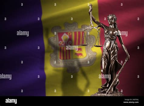 Andorra Flag With Statue Of Lady Justice And Judicial Scales In Dark