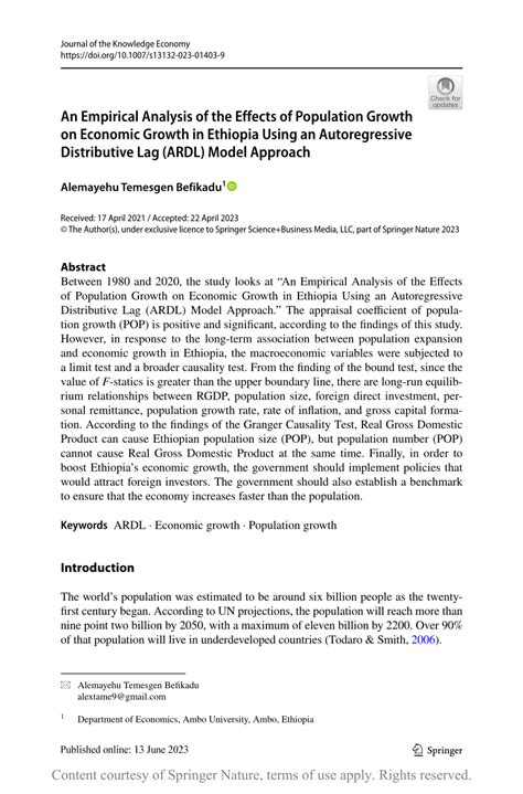 An Empirical Analysis Of The Effects Of Population Growth On Economic Growth In Ethiopia Using