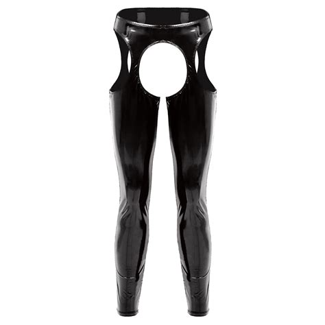 Mens Pvc Leather Skinny Suspender Tights Chaps Pants Latex Bottomless