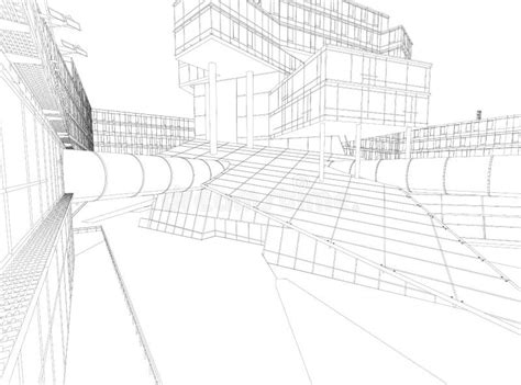 Wireframe Of A Futuristic Building From Black Lines Isolated On A White
