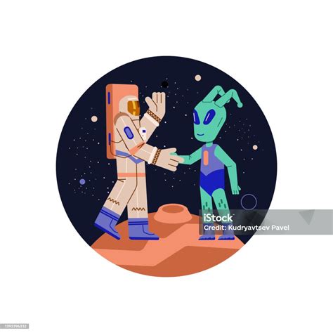 재미있는 우주 비행사와 우주 외계인이 손을 흔들며 평평한 벡터 일러스트레이션을 고립 시켰습니다 과학에 대한 스톡 벡터 아트 및