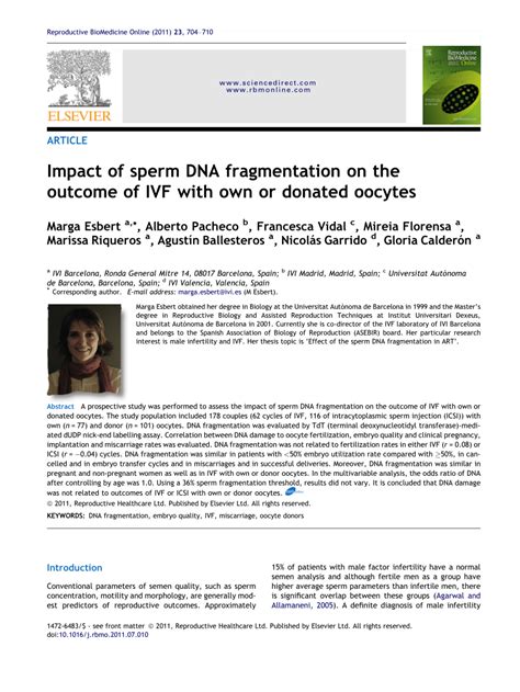 Pdf Impact Of Sperm Dna Fragmentation On The Outcome Of Ivf With Own