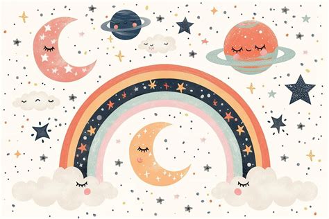 Una Dulce Colección De Planetas Estrellas Lunas Arco Iris Y Cliparts De Nubes Generative Ai