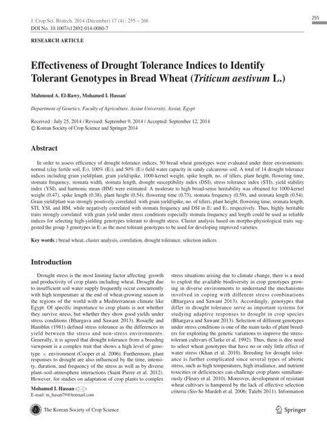 Pdf Effectiveness Of Drought Tolerance Indices To Identify Tolerant