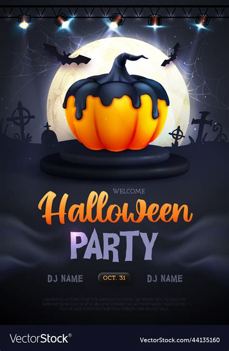 Halloween Disco Party Poster With 3d Pumpkin Vector Image