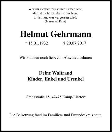 Traueranzeigen Von Helmut Gehrmann Trauer In Nrwde