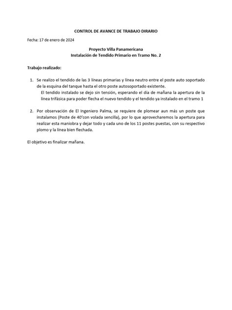 Control De Avance De Trabajo Dirario 17 01 2024 Pdf
