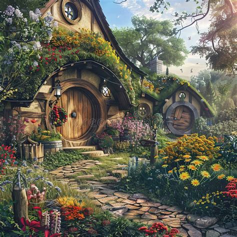 Idyllic Hobbit Hole Nestled In A Vibrant Flower Garden Stock Image