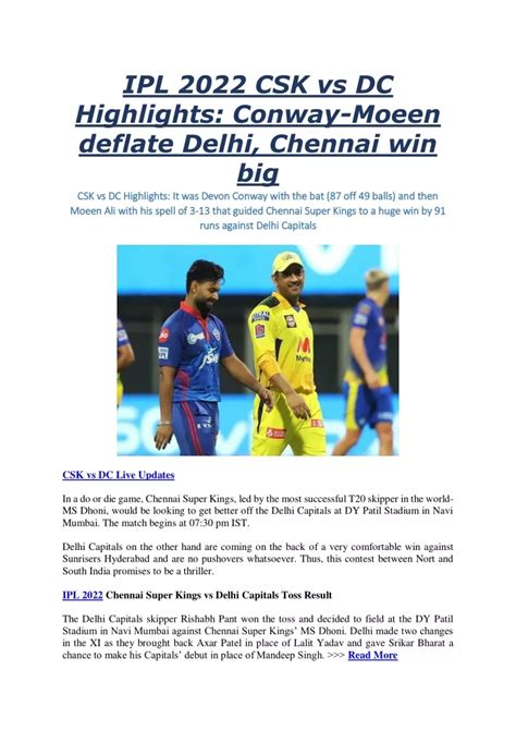 Ppt Ipl 2022 Csk Vs Dc Highlights Conway Moeen Deflate Delhi Chennai