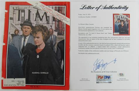 Marina Oswald Signed 1964 Time Magazine Cover Page With Inscription