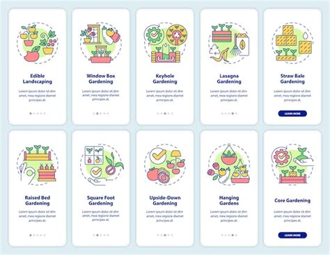 Premium Vector Gardening Methods Onboarding Mobile App Screen Set